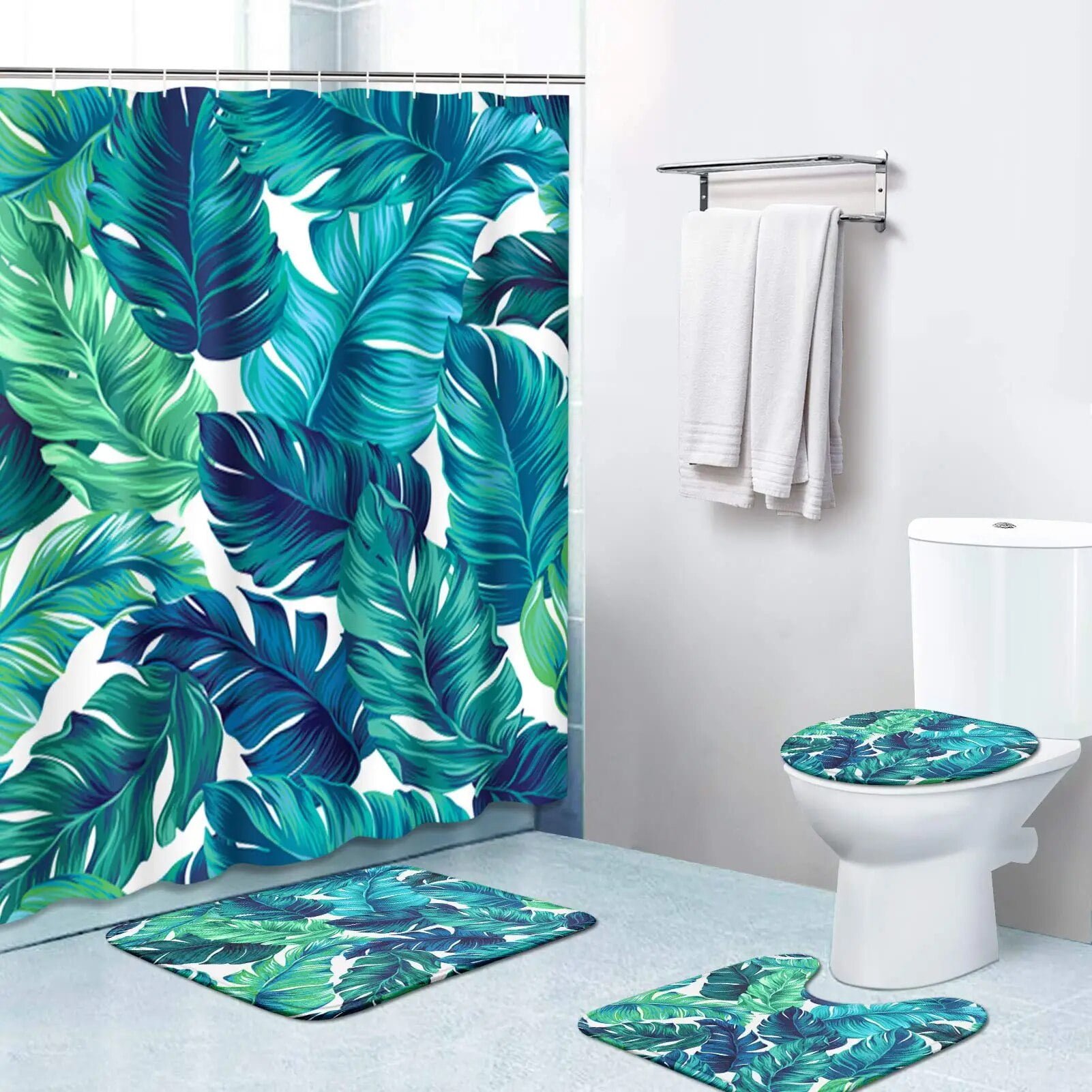 Banana Leaf Shower Curtain Set Non Slip Rug Bathroom Accessories