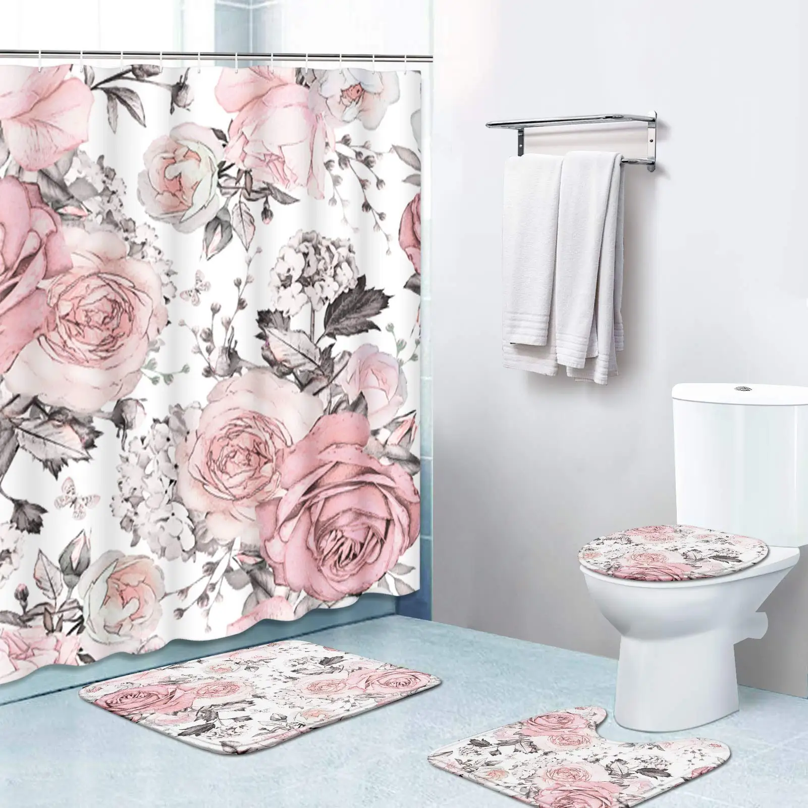 Banana Leaf Shower Curtain Set Non-Slip Rug Bathroom Accessories ...