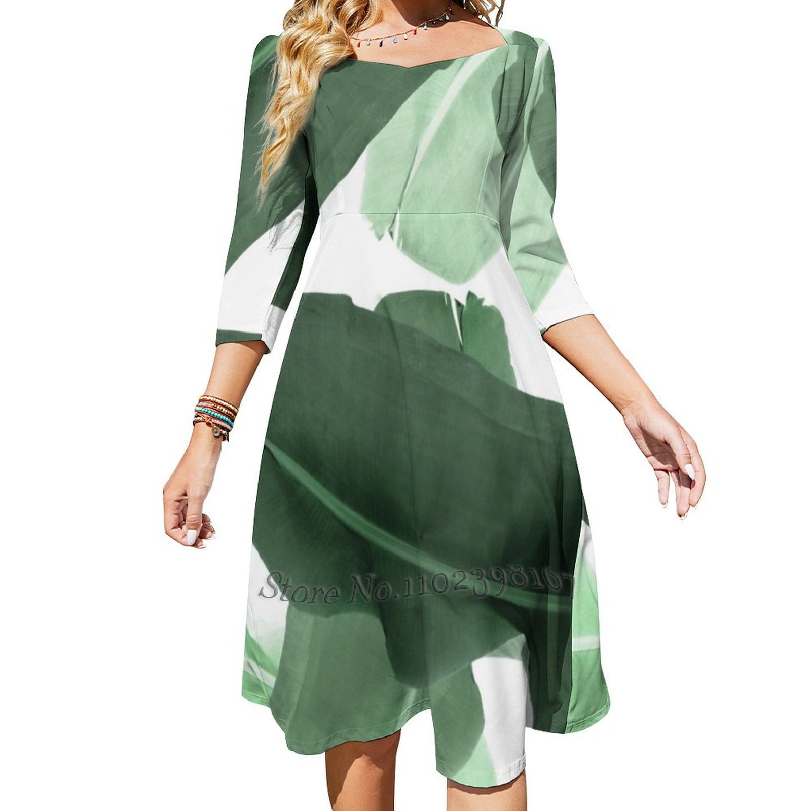 Banana Leaves Green Palm Leaf Pattern Square Neck Dress Cute Loose ...
