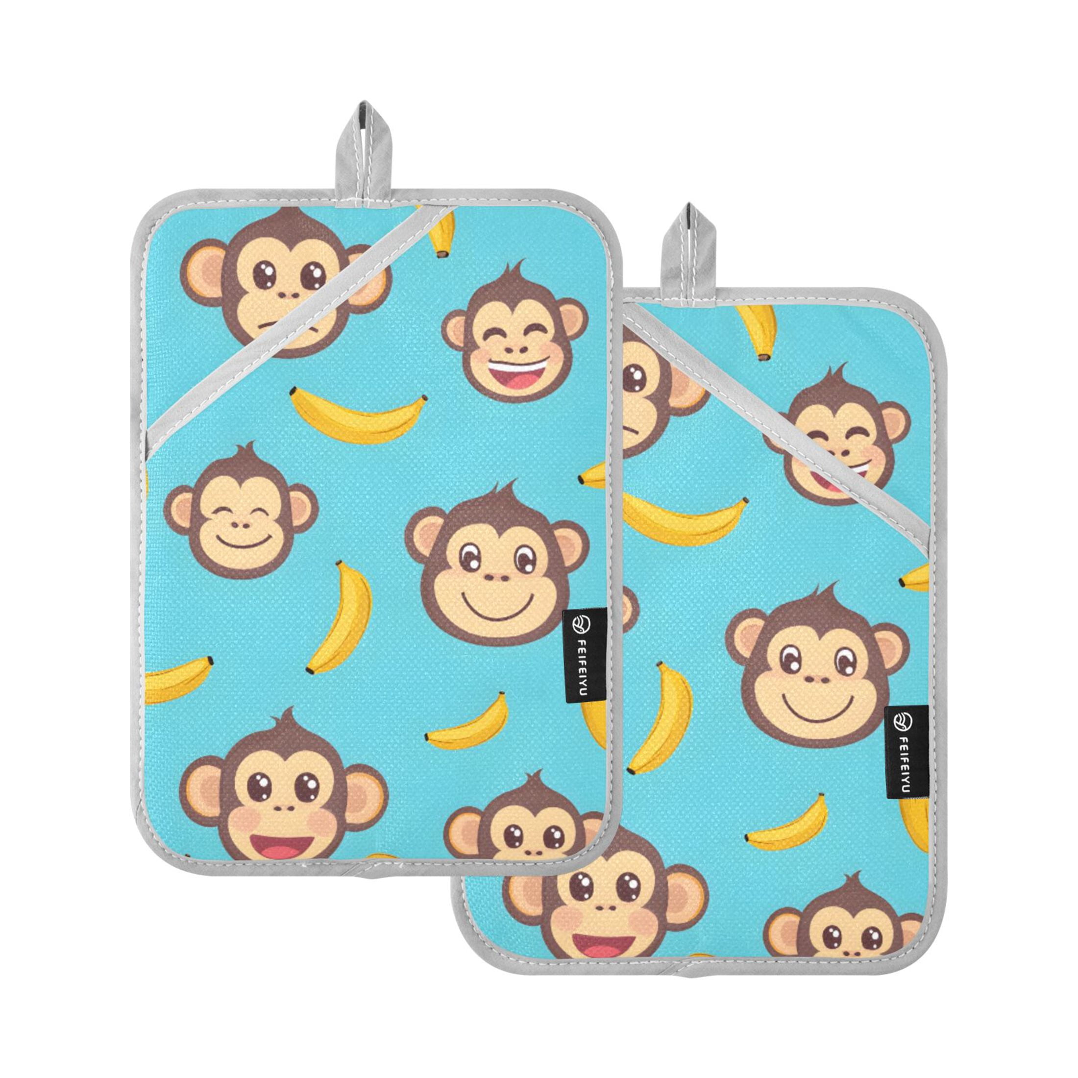 Banana Monkey Face Pattern Pot Holder Set 2 Piece Non-Slip Oven Hot ...