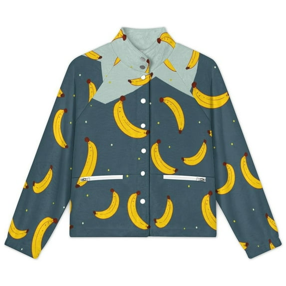 Banana Pattern Background Warm Women's Plush Jacket Stand Collar Full ...