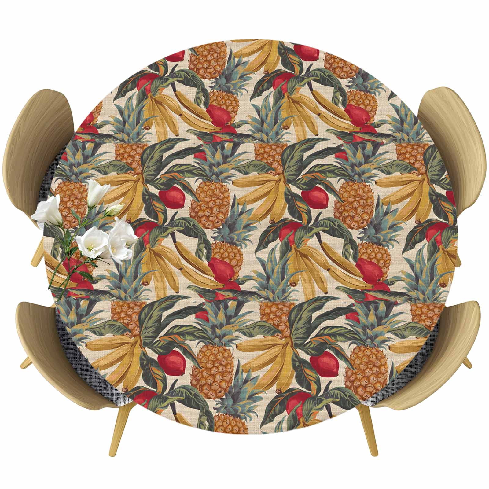 Banana Pineapple Round Tablecloth, Fitted Table Cover with Elastic for ...