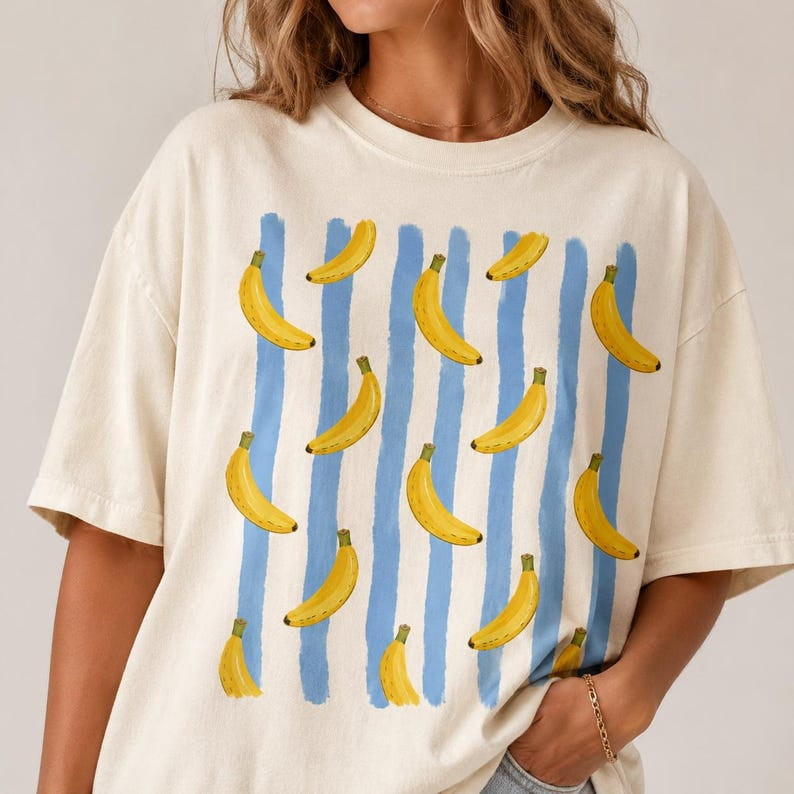 Banana Shirt, Fruit Pattern T-Shirt, Summer Yellow Banana Tees, Food ...