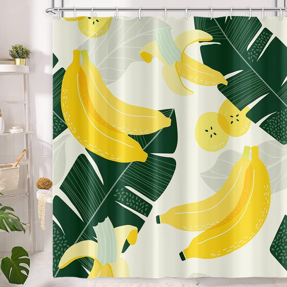 Banana Shower Curtain Summer Tropical Fruits Green Banana Leaves Bright ...