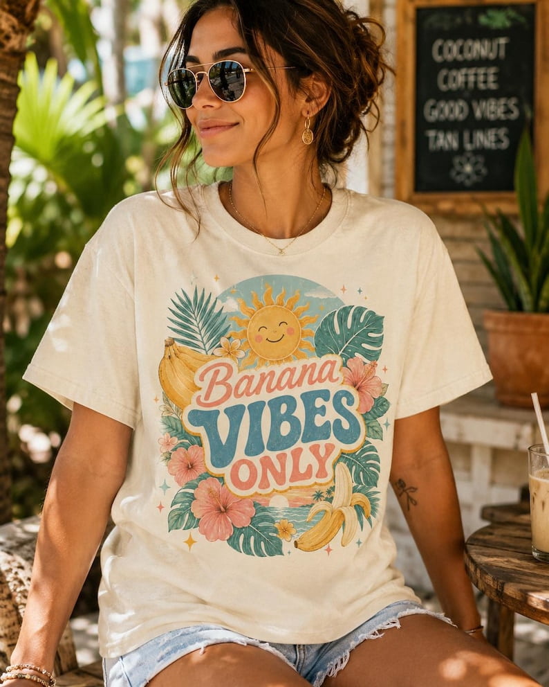 Banana Vibes Only T-Shirt, Tropical Summer Vacation Gift, Retro Beach ...