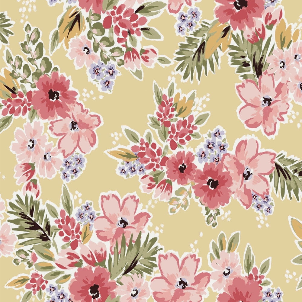 Banana and Coral Medium Floral Design Printed on 100% Rayon Crepon ...