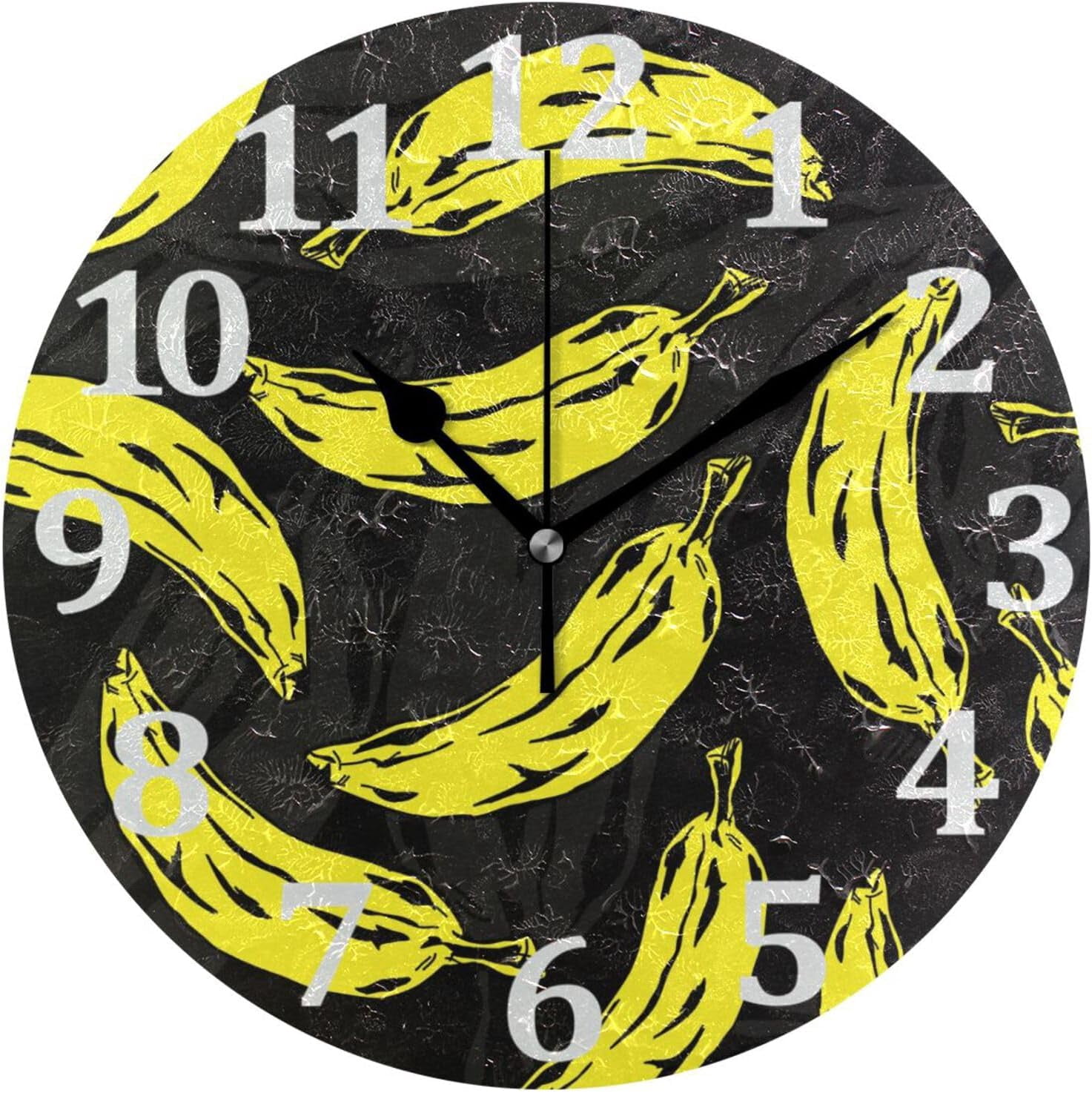 Bananas Black Wall Clock Round Vintage Silent Non Ticking Battery ...