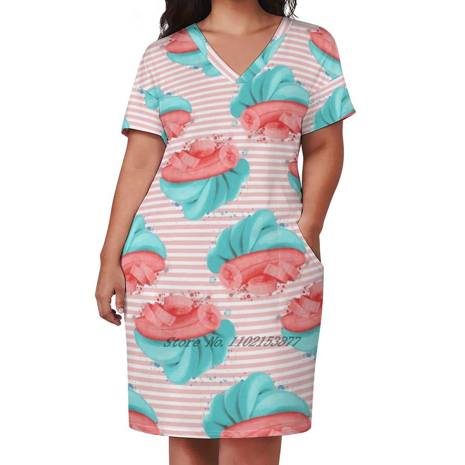 Bananas Loose Pocket Dress Fashion Print Dress Short Sleeve V-Neck A-Line Dress Bananas Pink ...