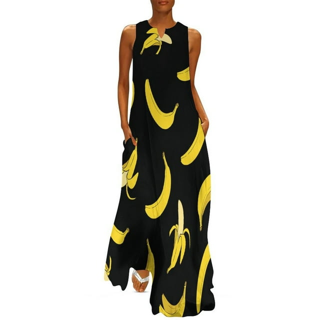 Bananas On Black Background Long Dress Women's Summer Dress Elegant Guest Wedding Dress Summer ...