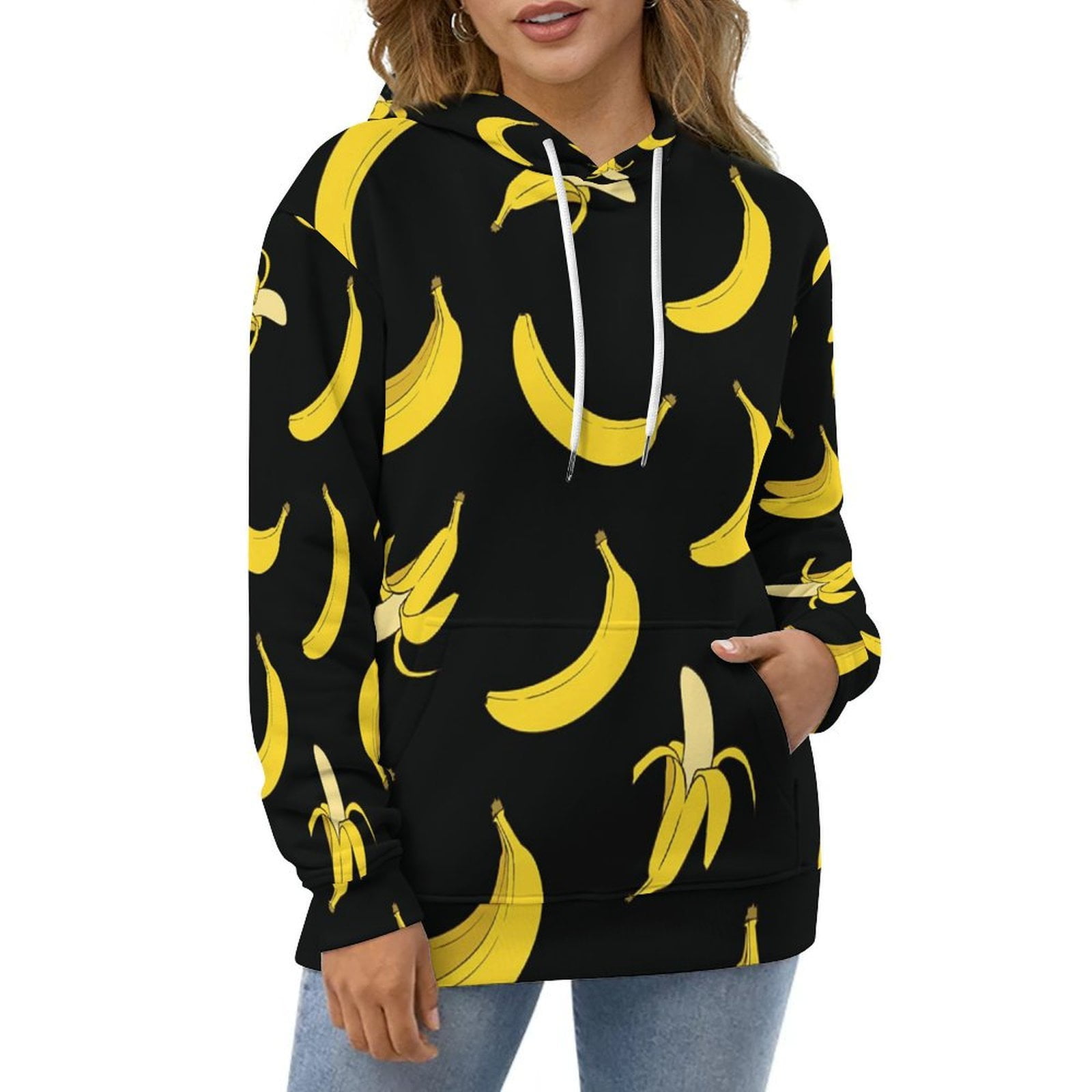 Bananas On Black Background Oversized Hoodies For Woman Pullover With ...
