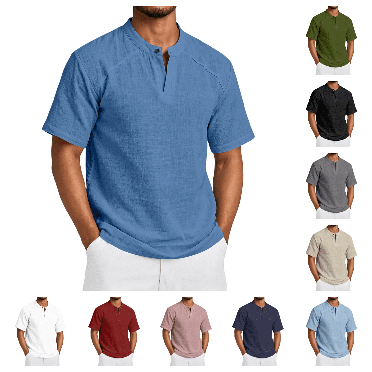 Band Collar Short Sleeve Linen Henley Shirts for Men, Summer Casual ...