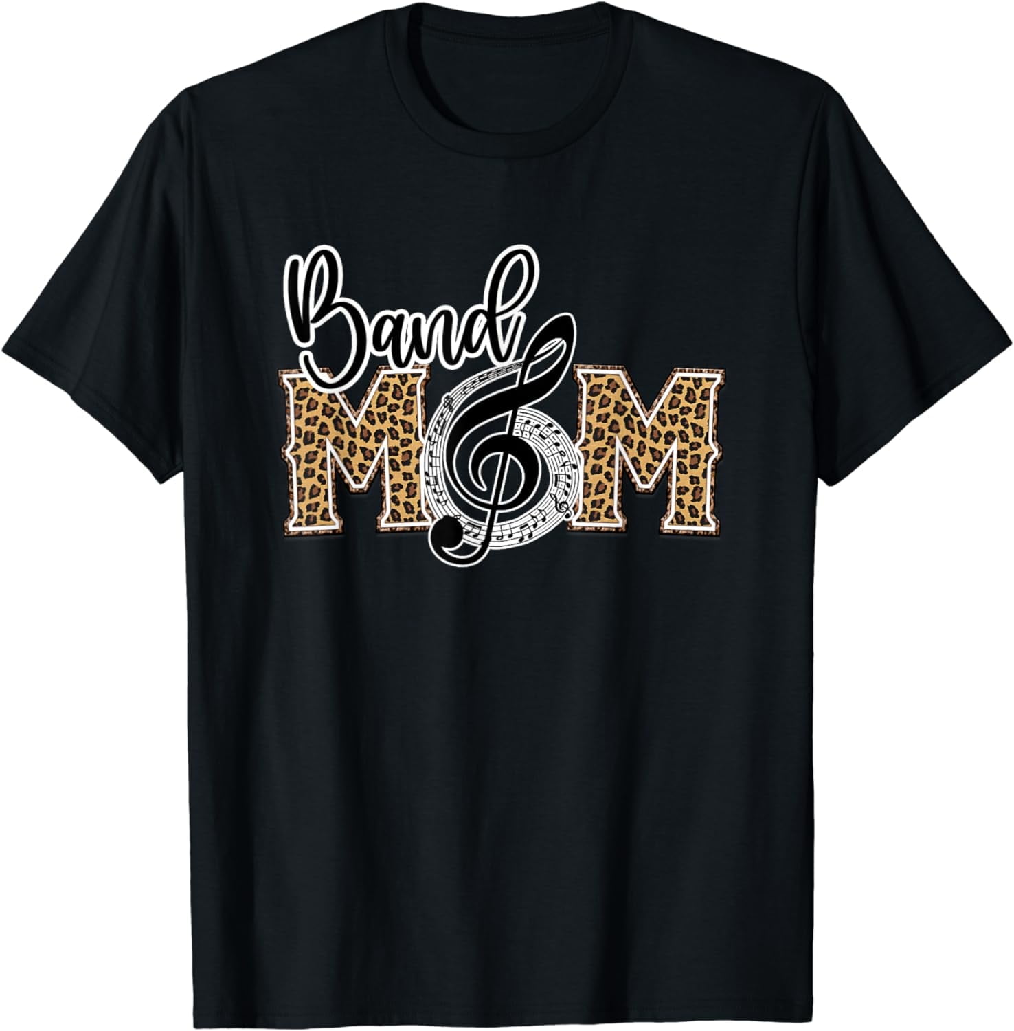Band Mom Leopard Print MOM with Treble Clef Graphic Short Sleeve T ...