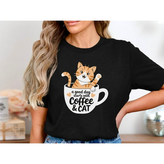 BandRole A Good Day Starts With Coffee And Cat Shirt, Cute Cat In ...