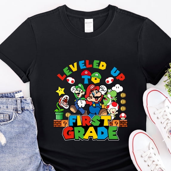 BandRole Back To School Shirt, Leveled Up To First Grade Shirt, Mario ...