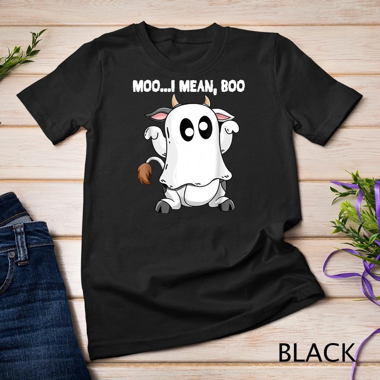 BandRole Ghost Cow Moo I Mean Boo Pumpkin Moon Halloween T-Shirt Unisex ...
