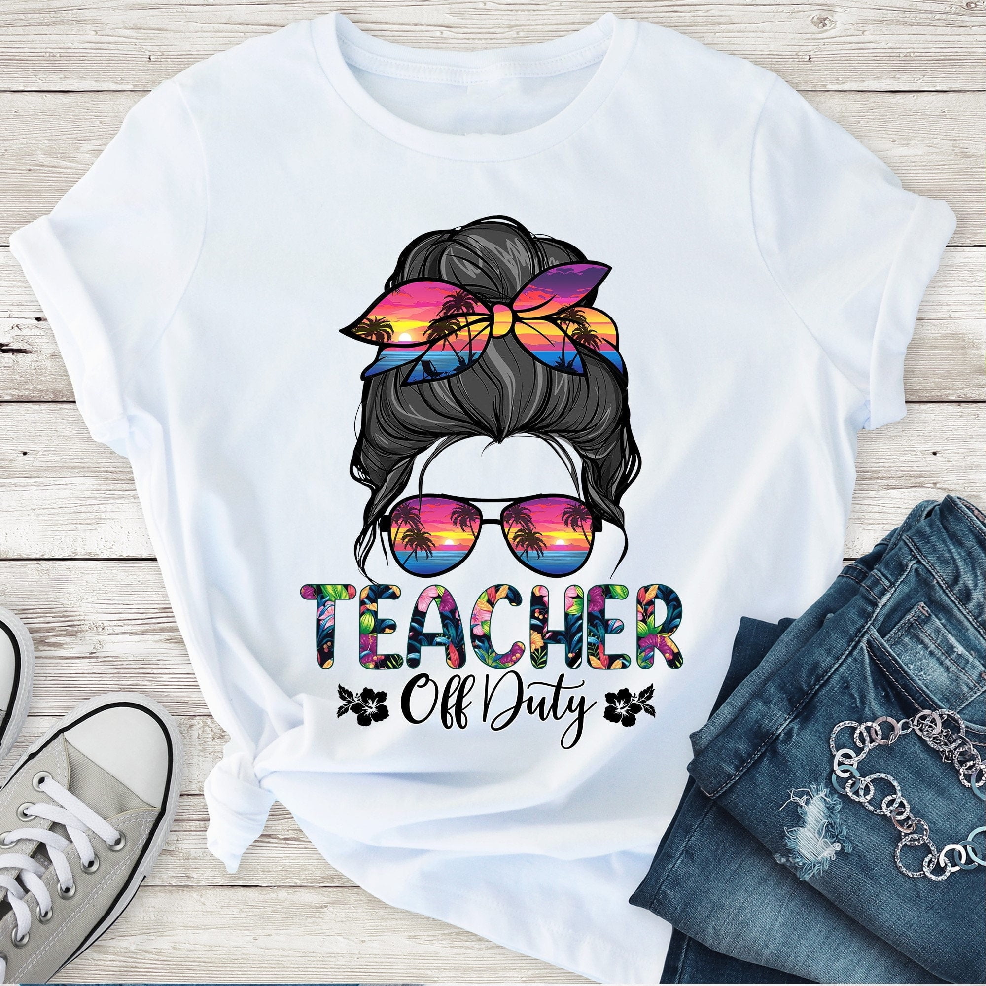 BandRole Womens Messy Bun Teacher Off Duty Shirt, Funny Summer Teacher ...
