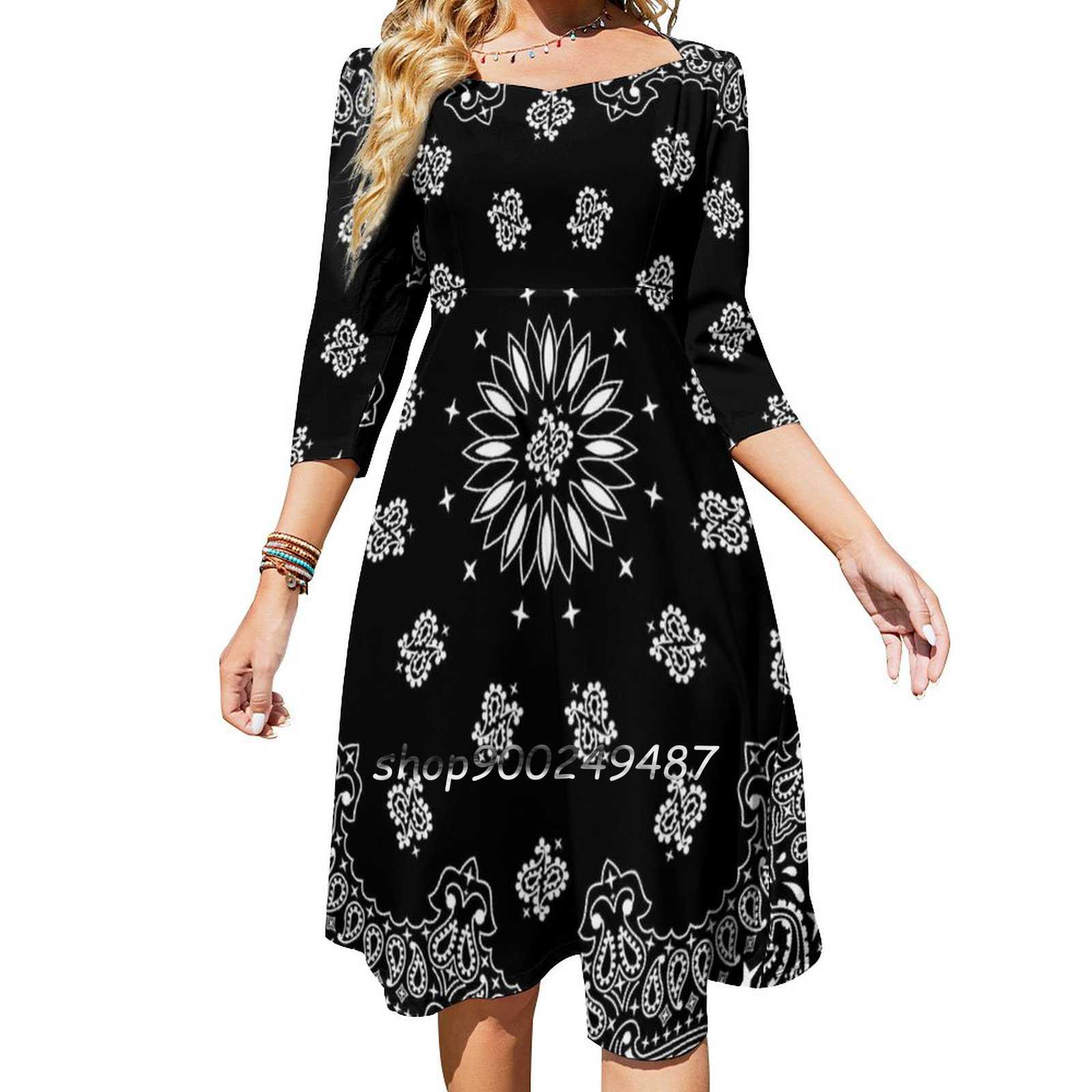 Bandana Black Flare Dress Square Neck Dress Elegant Female Fashion ...