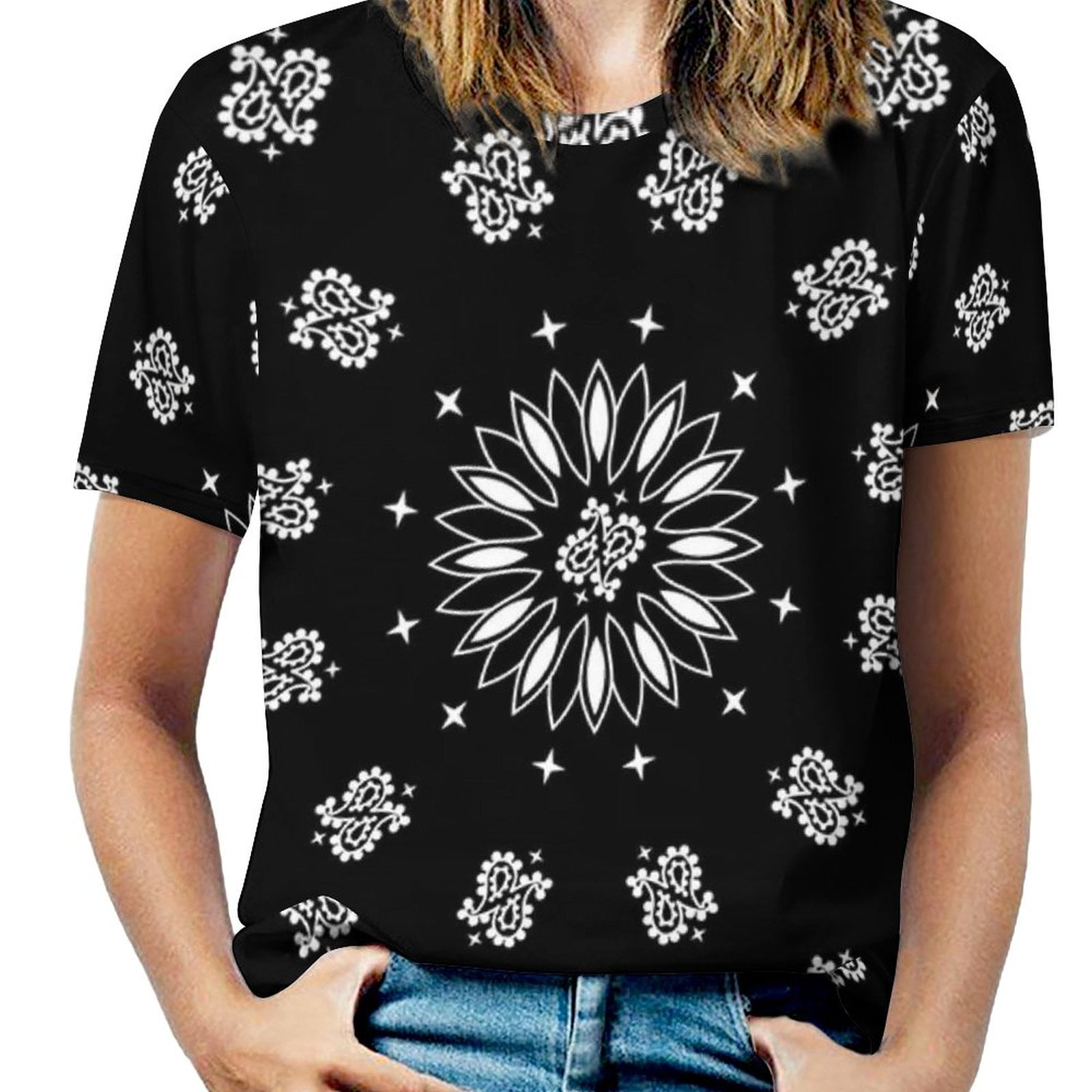 Bandana Black Print O-Neck Off-The-Shoulder Top Short-Sleeved T-Shirt ...