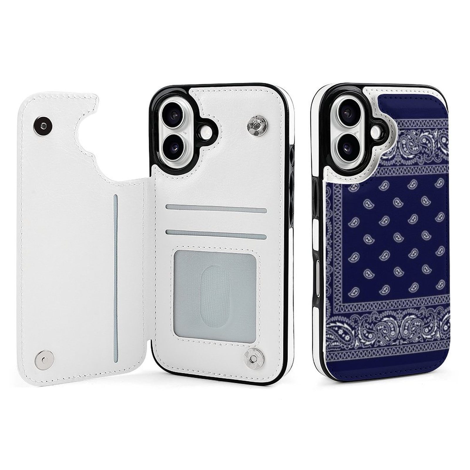 Bandana Blue Leather Wallet Case for iPhone 16 15 14 13 12 11 Pro Max Wallet Case Card Holder ...