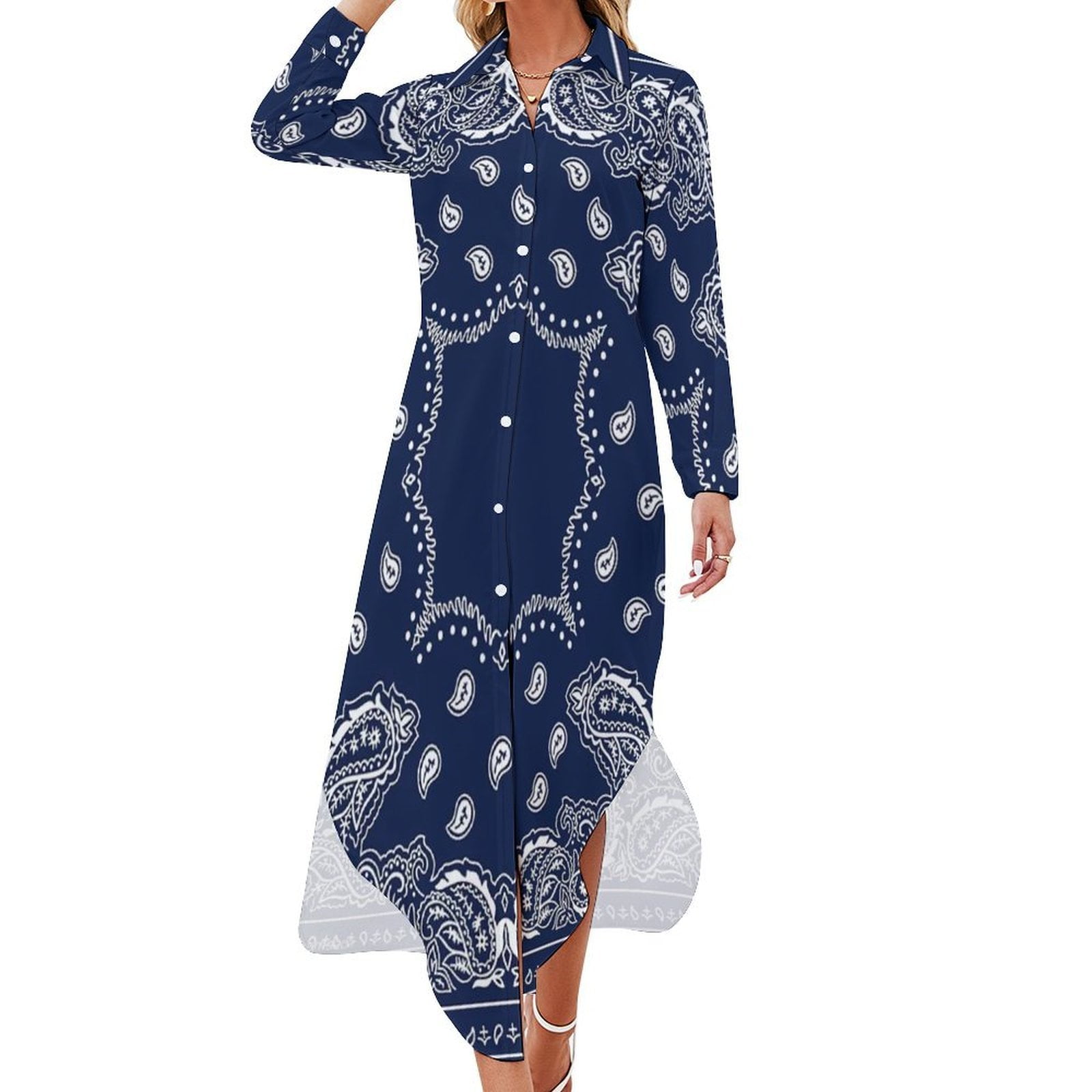Bandana Blue - Navy Blue Shirt Dress Long Sleeve Street Fashion V Neck ...