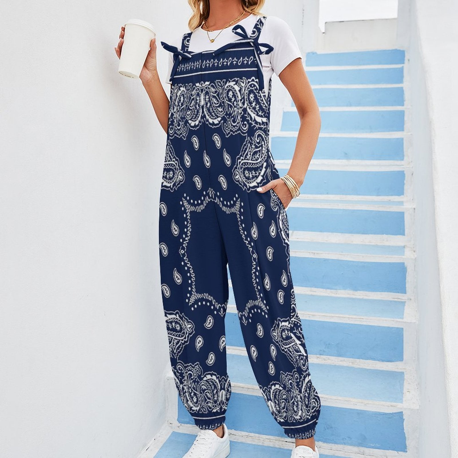 Bandana Blue - Navy Blue Womens Casual Baggy with Pockets Trousers ...