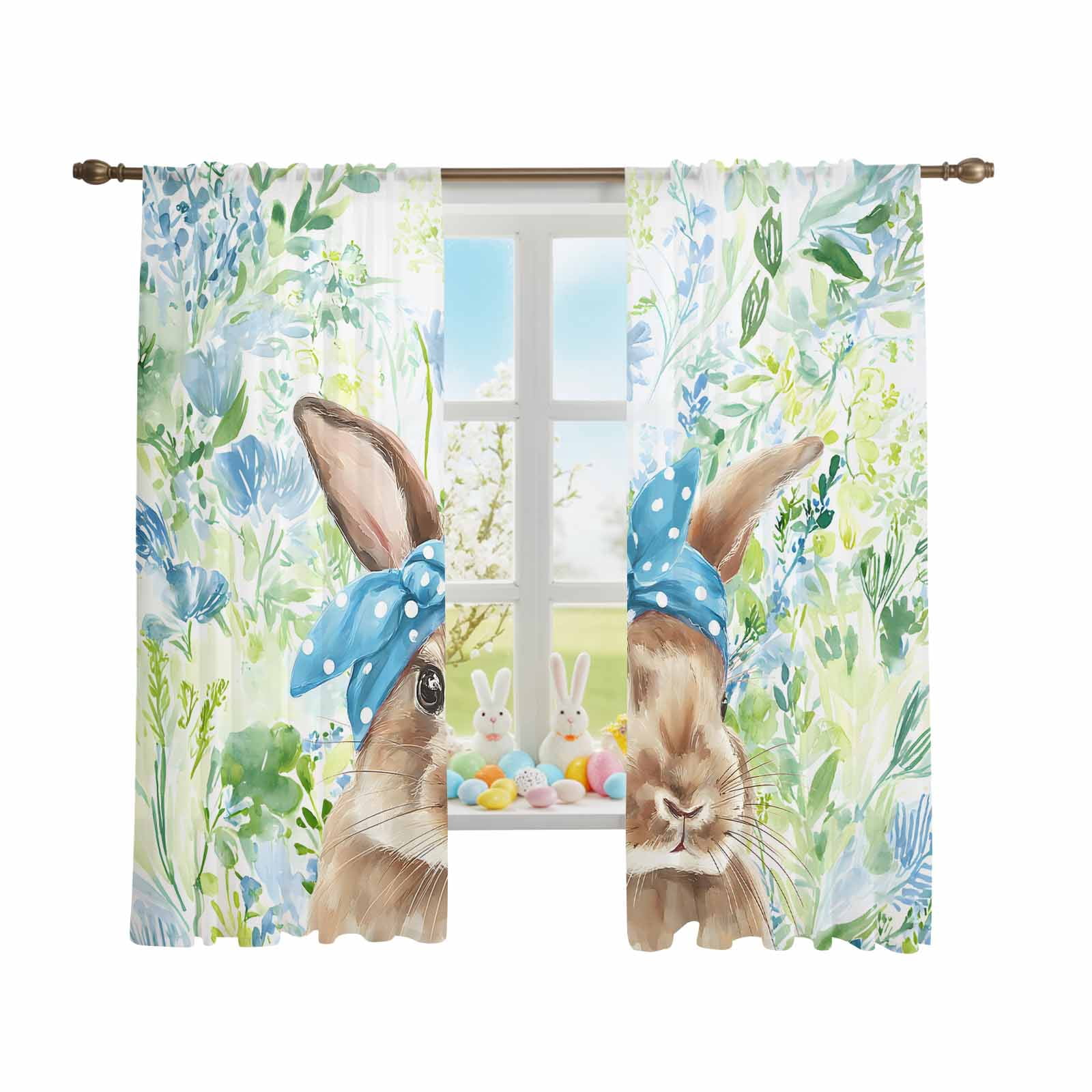 Bandana Bow Bunny Easter Sheer Curtains 72 Inch Long Rod Pocket Semi ...
