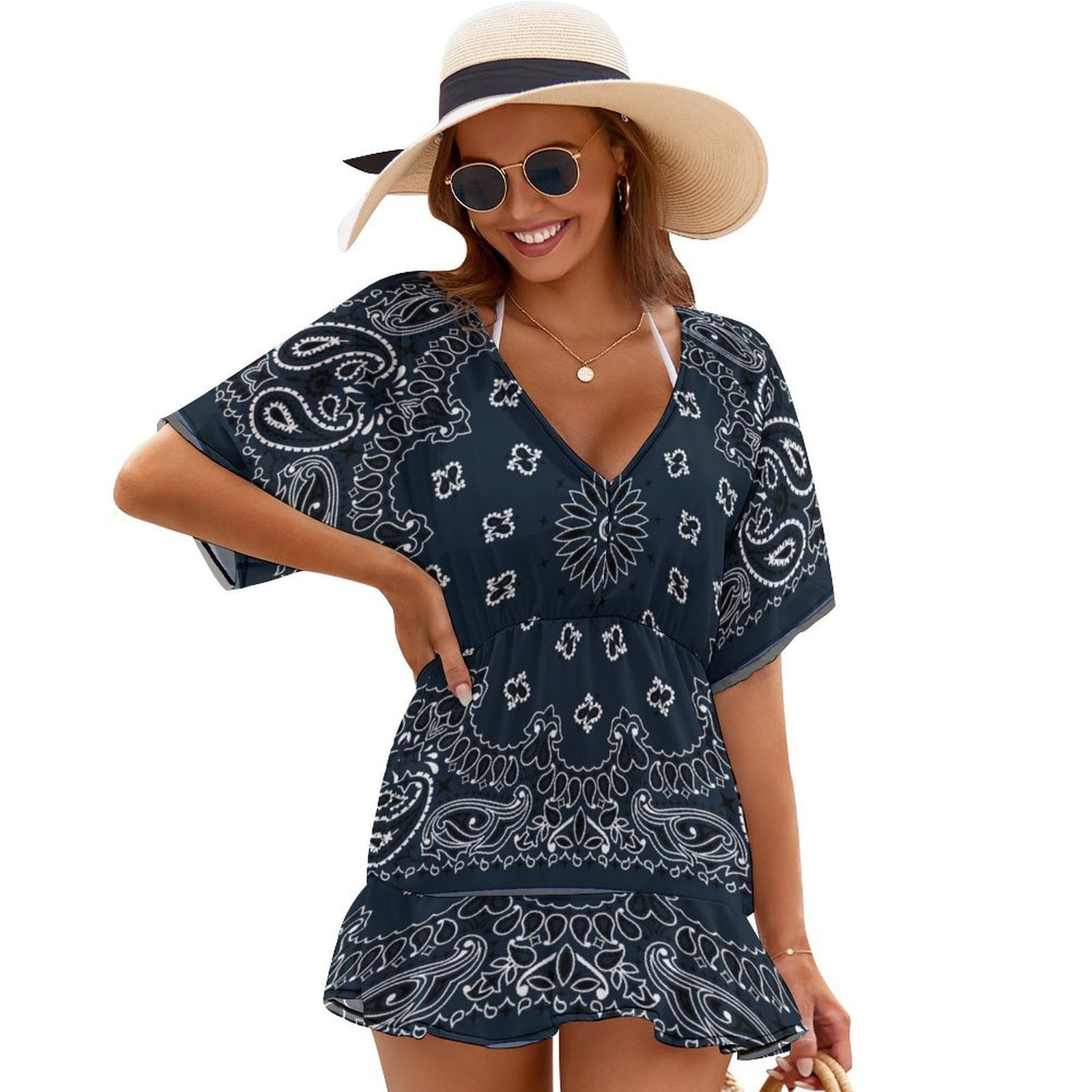 Bandana Navy Blue Beach Cover Ups Women V Neck Short Sleeve Dress ...