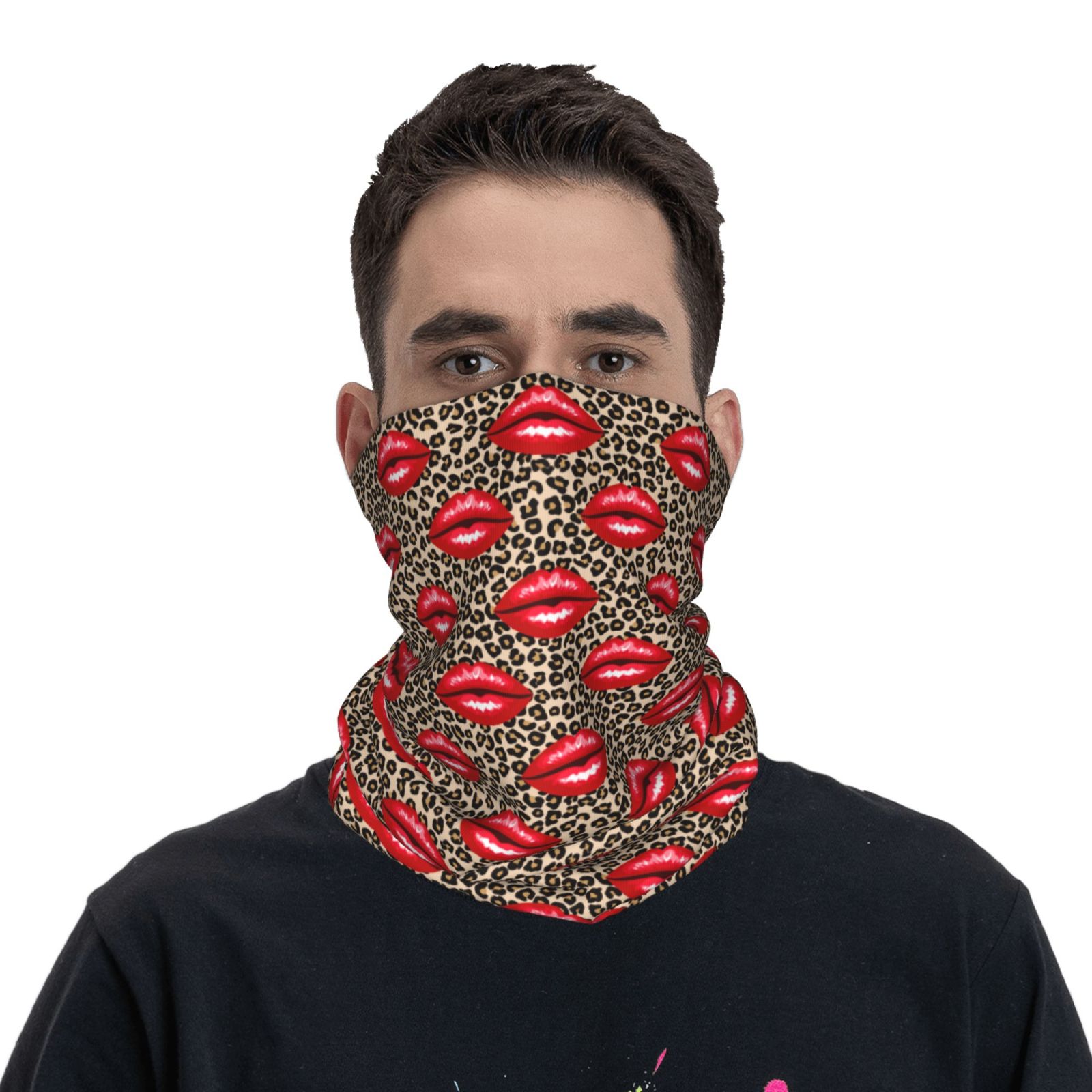Bandana Neck Gaiter Face Mask - Bright red lips leopard Breathable Soft ...