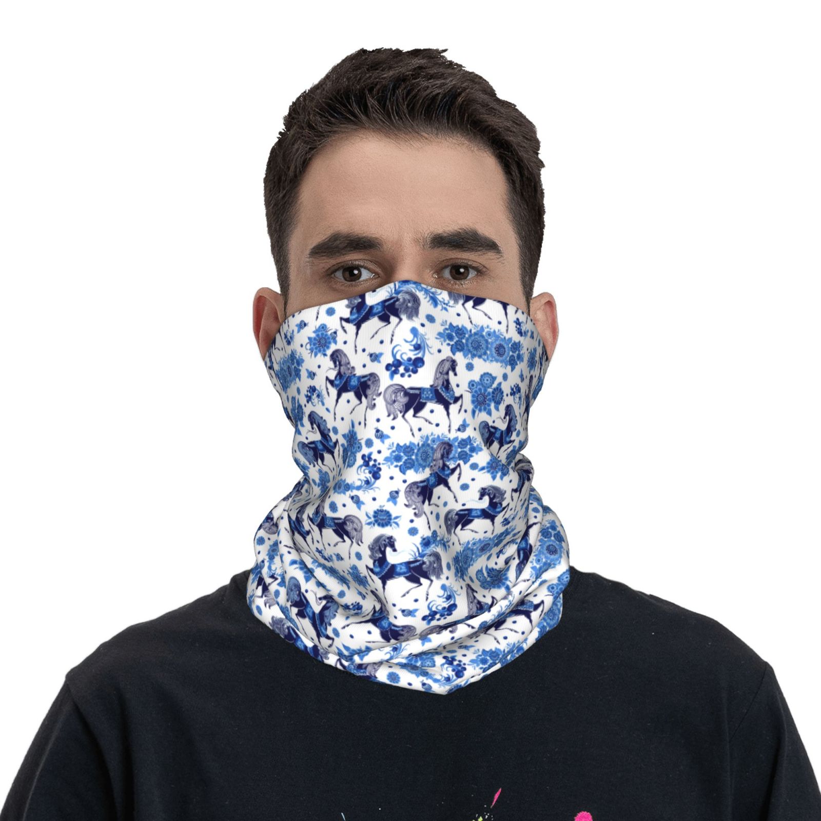 Bandana Neck Gaiter Face Mask - Classic Cool Horse Flower Blue ...