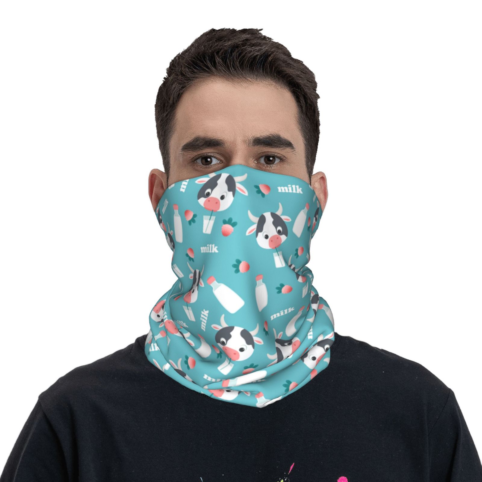 Bandana Neck Gaiter Face Mask - Peppy Cute Cow Strawberry Milk ...