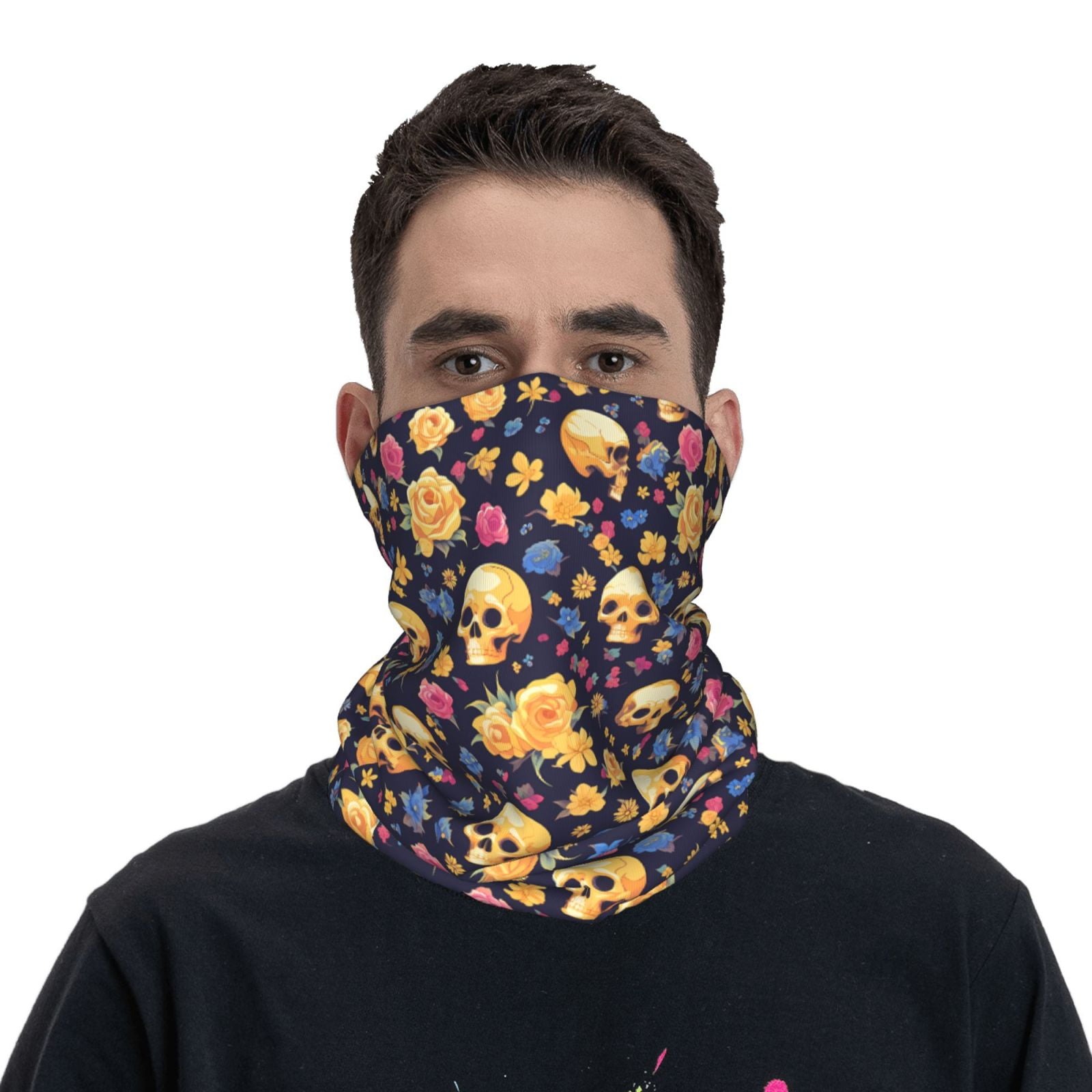 Bandana Neck Gaiter Face Mask - Skull gold flower Breathable Soft Neck ...