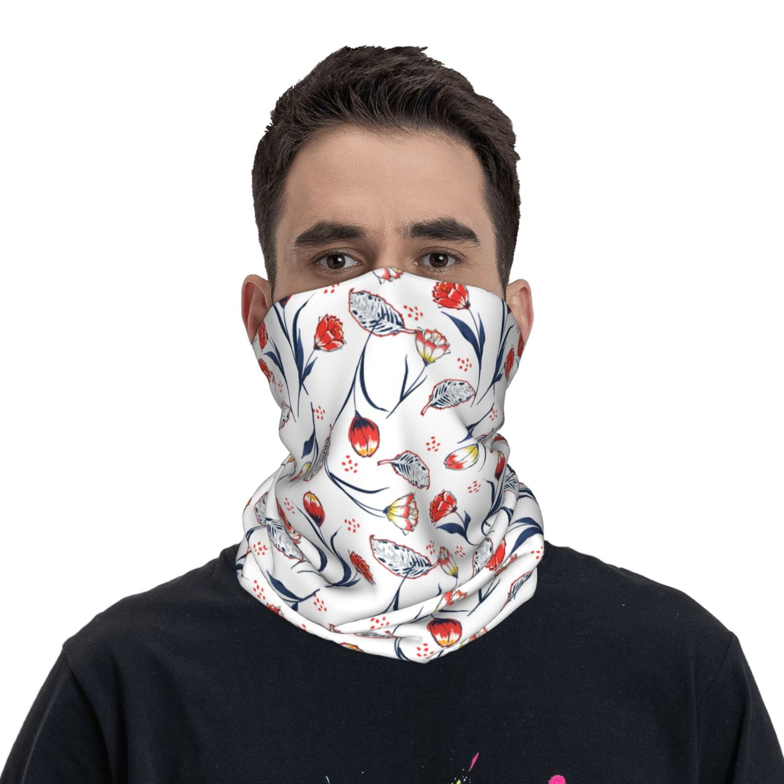 Bandana Neck Gaiter Face Mask - Tulips Flowers Blue White Breathable ...