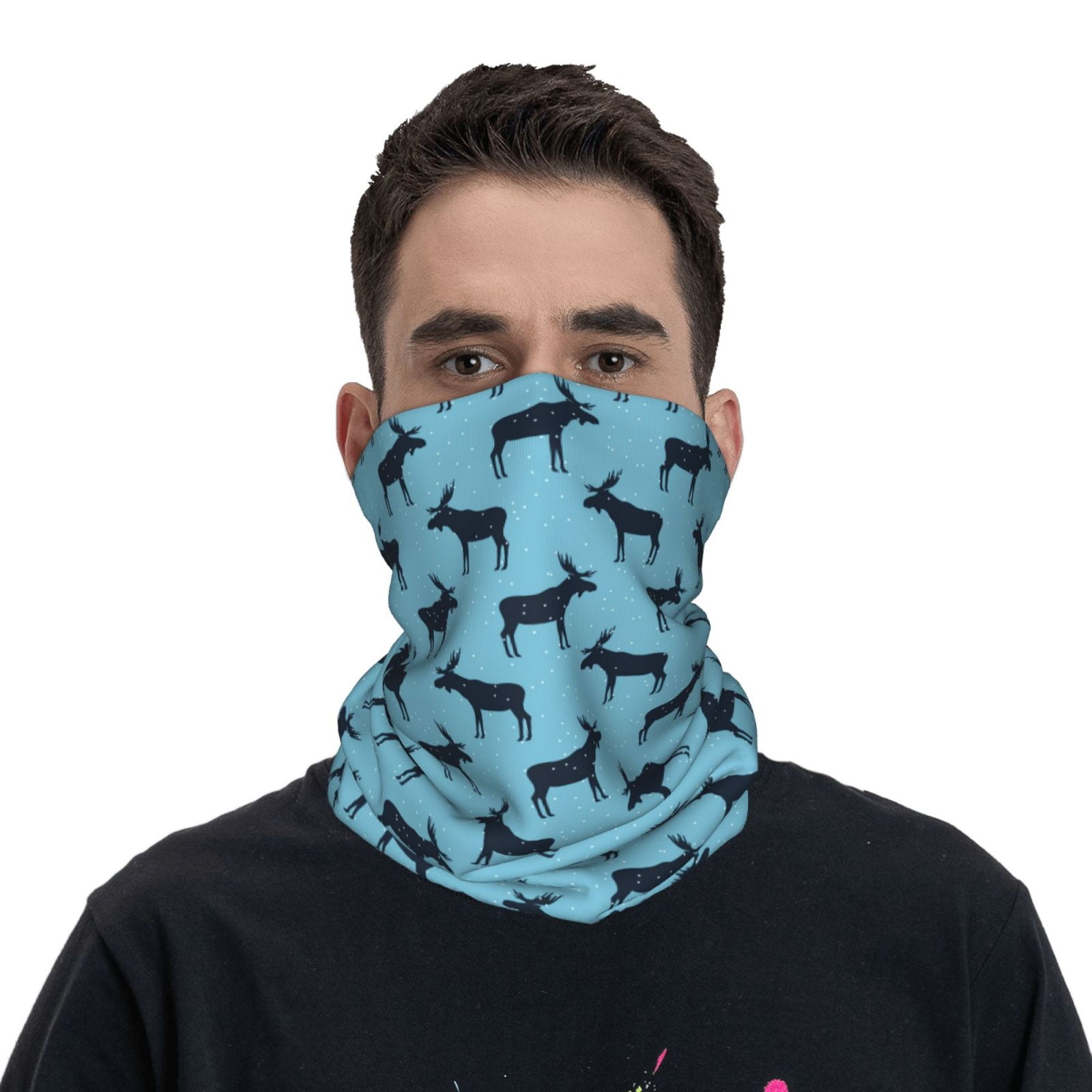 Bandana Neck Gaiter Face Mask - winter moose elk snow blue Breathable ...