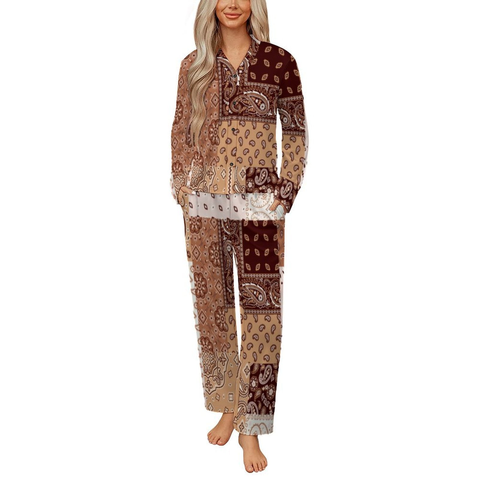 Bandana Paisley Beige White Womens Pyjamas Set Button Up Pyjamas Womens ...