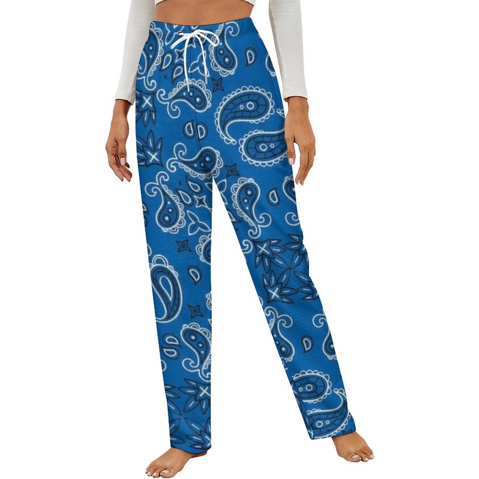 Bandana Paisley Blue Winter Female Pants Flannel High Waist Women Pants ...