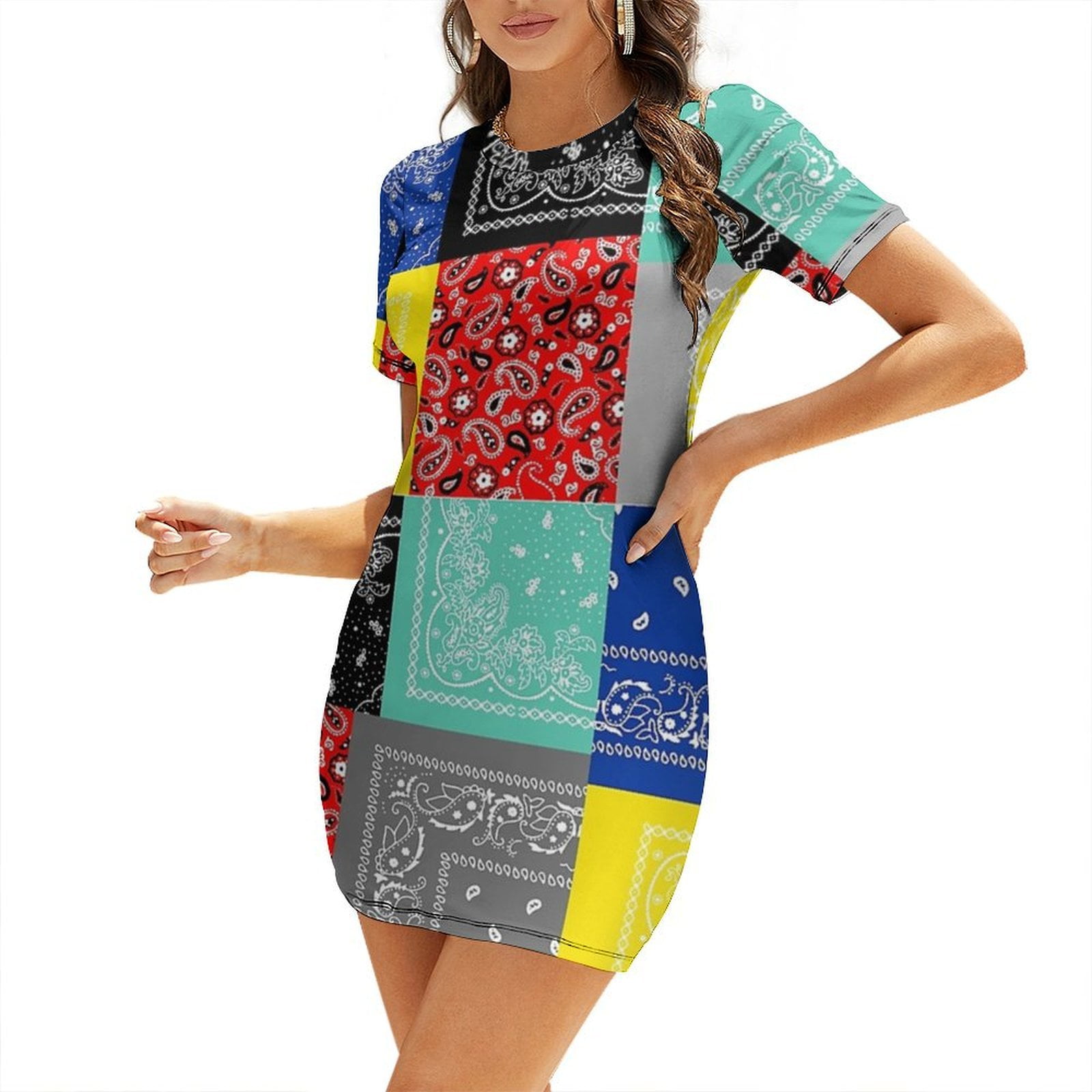 Bandana Paisley Patchwork Pattern Short Dress Dresses For Woman Fairy ...