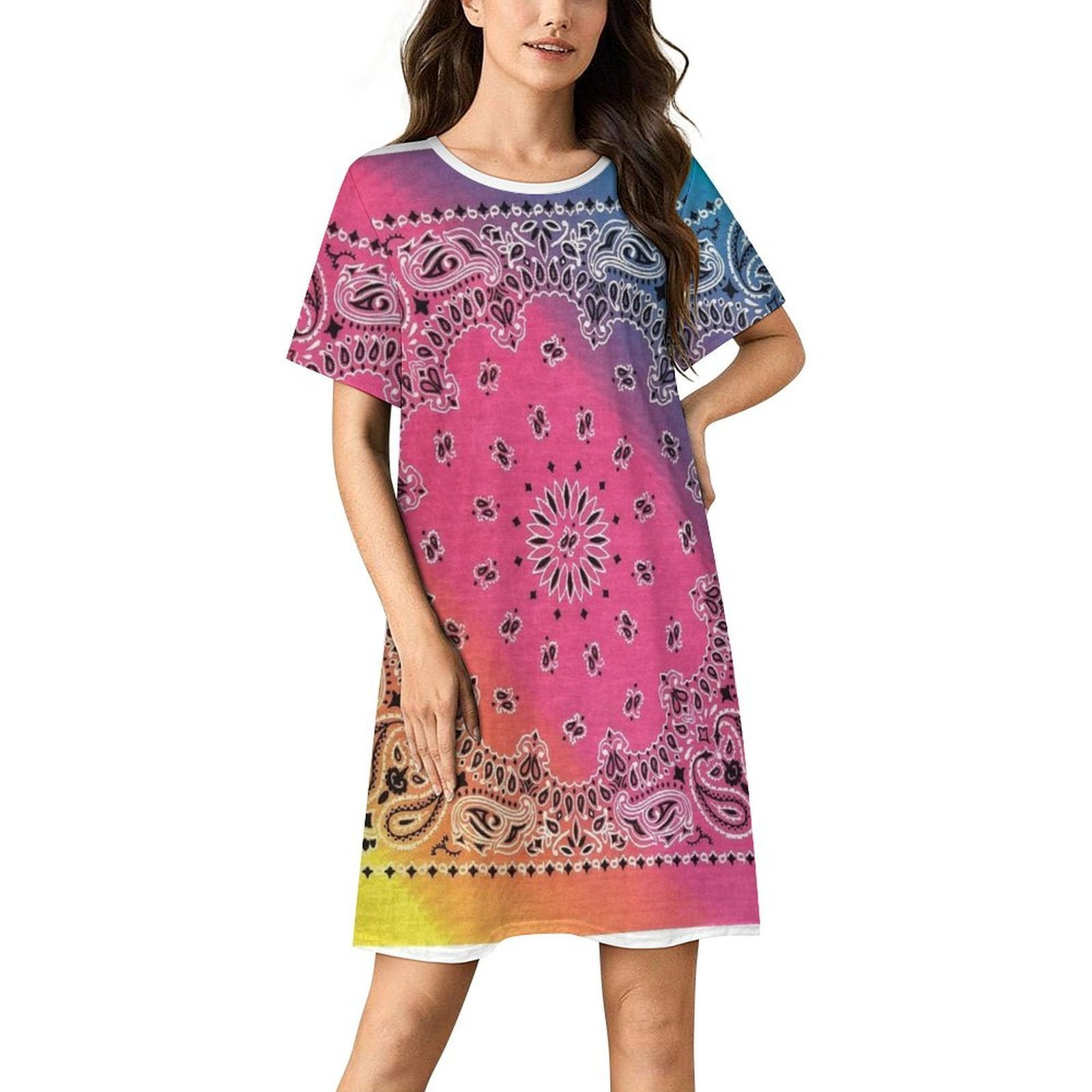 Bandana Paisley Pink Yellow Blue Gradient Women Nightgown Sleepwear Short Sleeves For Vacations ...