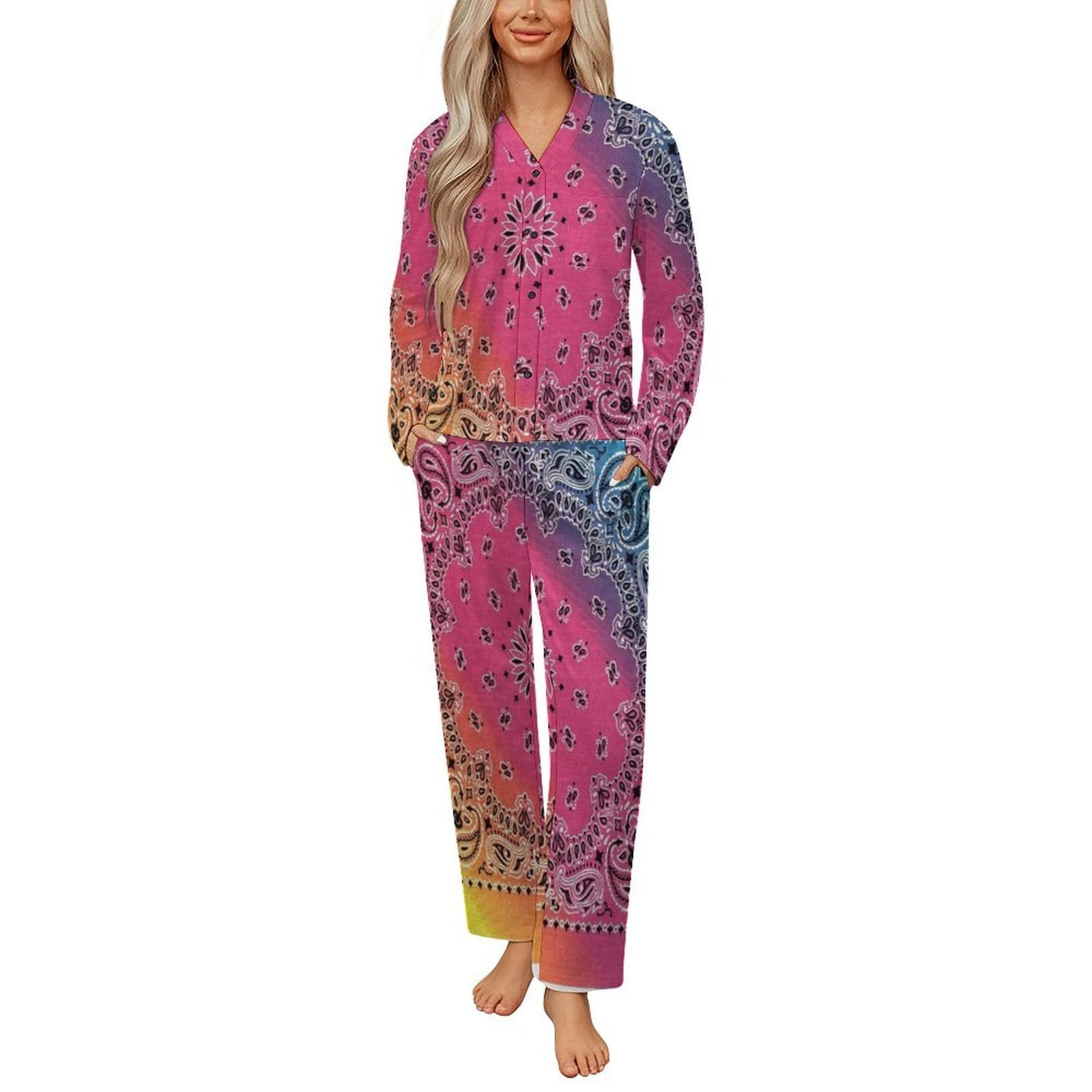 Bandana Paisley Pink Yellow Blue Gradient Womens Pyjamas Set Button Up ...