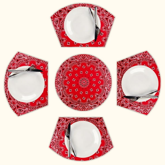 Bandana - Red Art Round Table Placemats Set Of 5 Wedge Table Mats ...