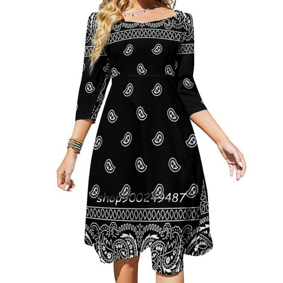 Bandanna Black Square Neck Dress New Plus Size Elegant Women Waist ...
