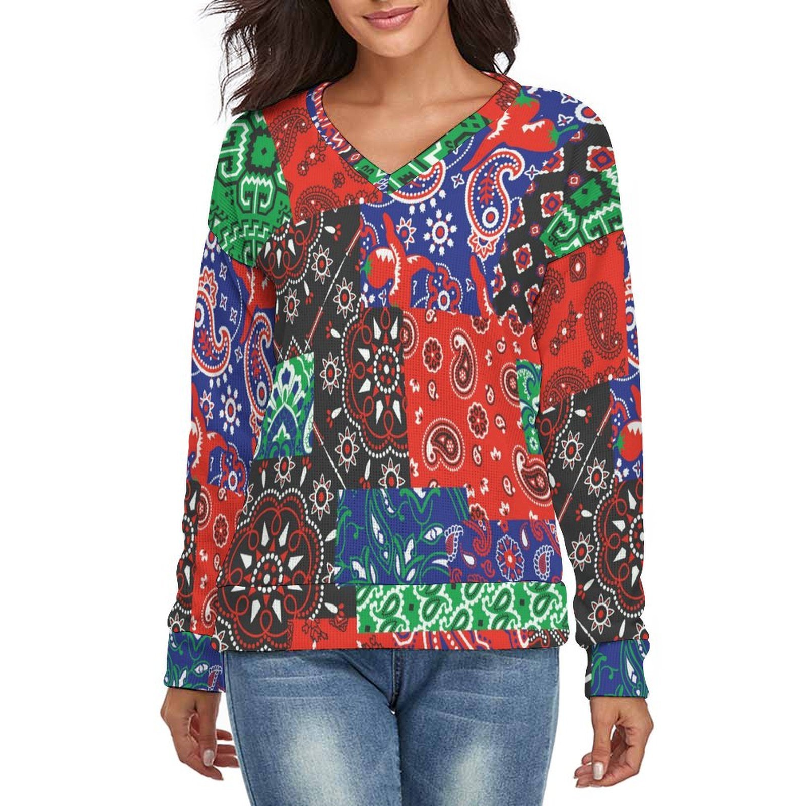 Bandanna V-neck Sweater Winter Clothes Long Sleeve Knitwear Sweater ...