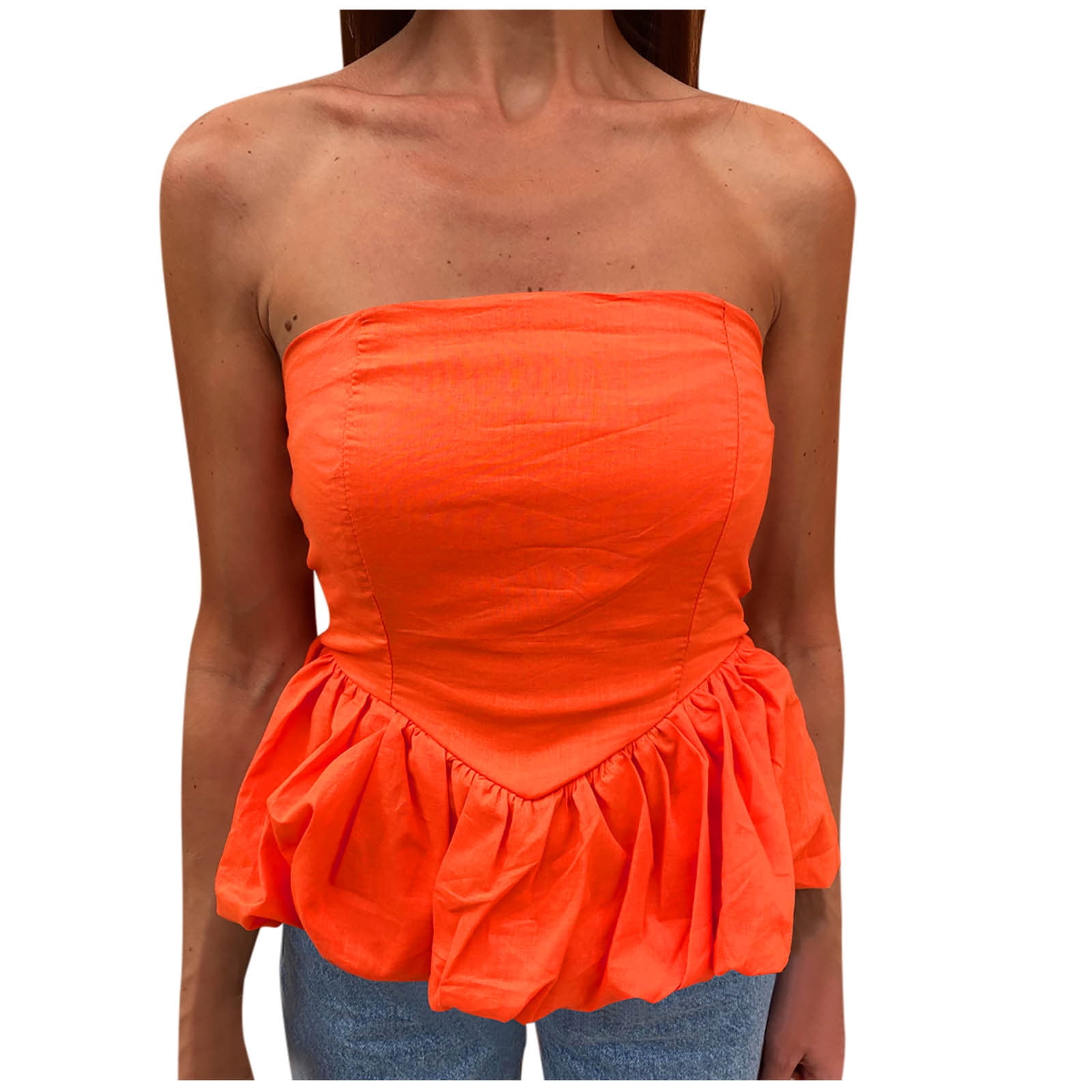 Bandeau Top Women Pleated Slim Shirts Strapless Tshirts Rulff Blouses ...