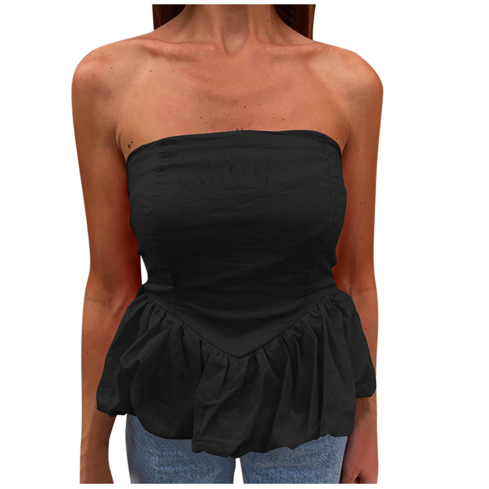 Bandeau Top Women Pleated Slim Shirts Strapless Tshirts Rulff Blouses ...