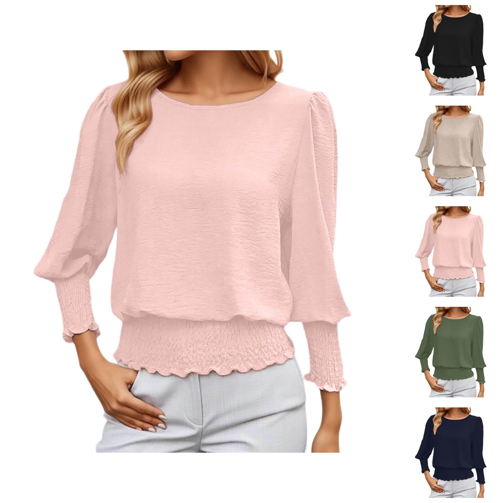 Banded Bottom Tops for Women Long Lantern Sleeve Crewneck Smocked Waist ...
