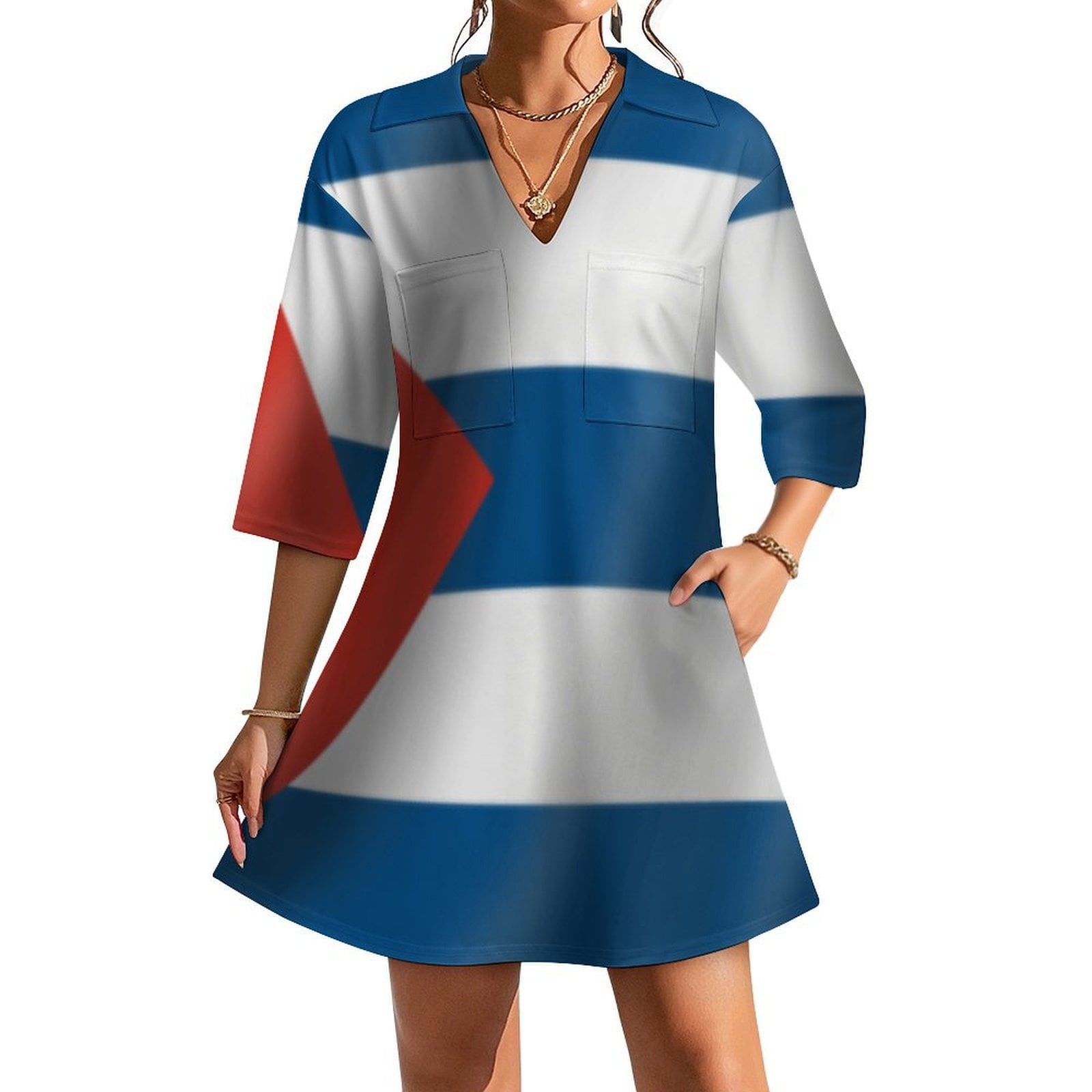 Bandera Cubana Womens Dress With Pockets Summer V Neck 3/4 Sleeve Dress ...