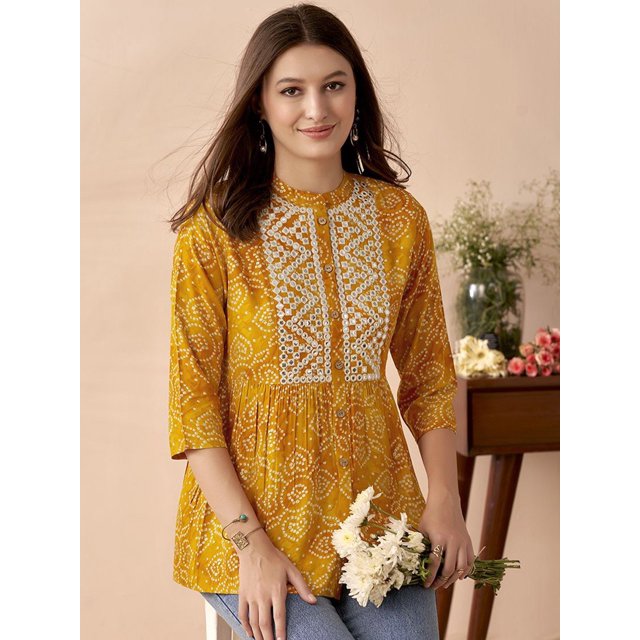 Bandhani Elegance: A-Line Short Kurti with Thread Work - Walmart ...
