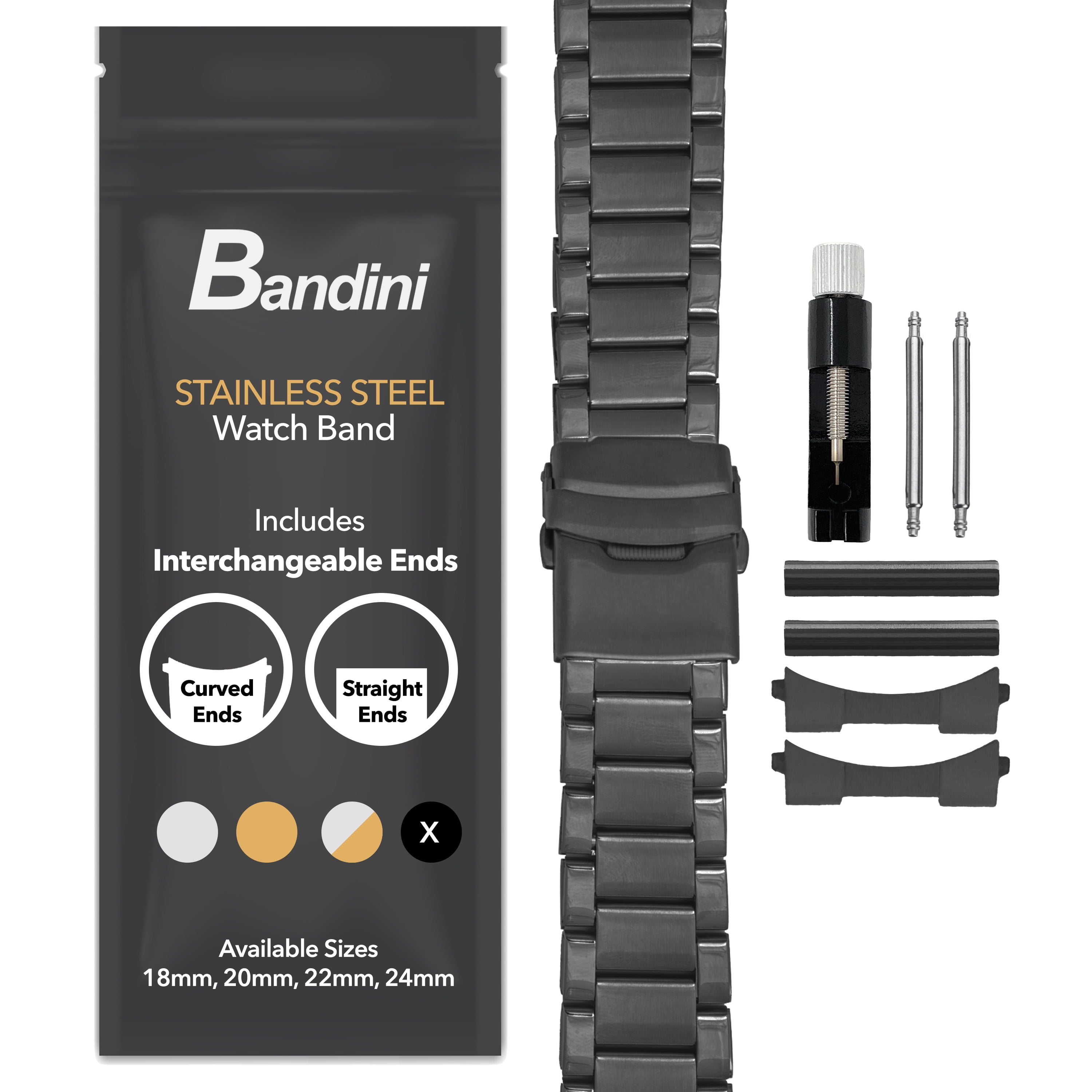 Bandini 18mm Stainless Steel Fitted Curved End Metal Watch Band for Men ...