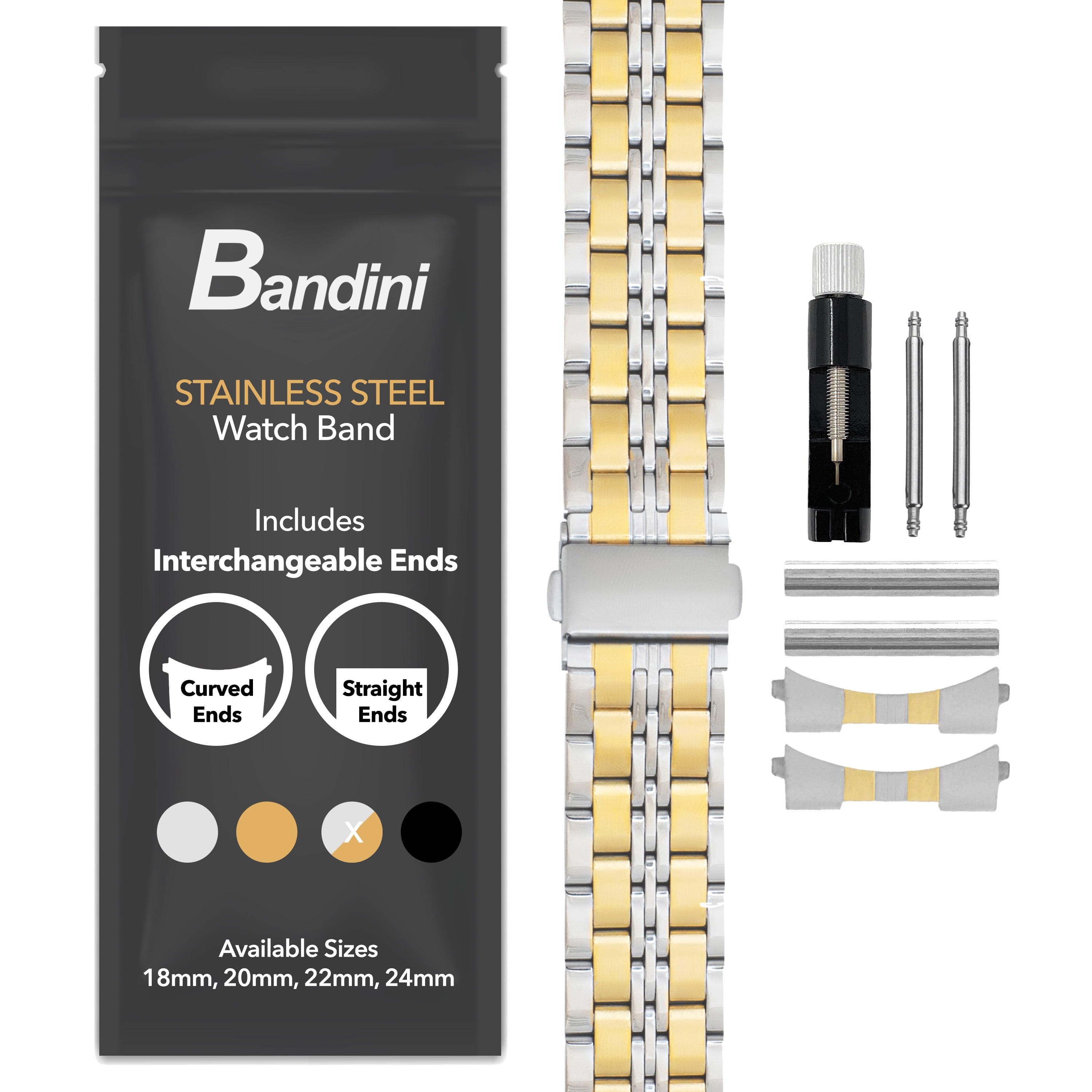 Bandini 20mm Stainless Steel Fitted Curved End Metal Watch Band for Men ...