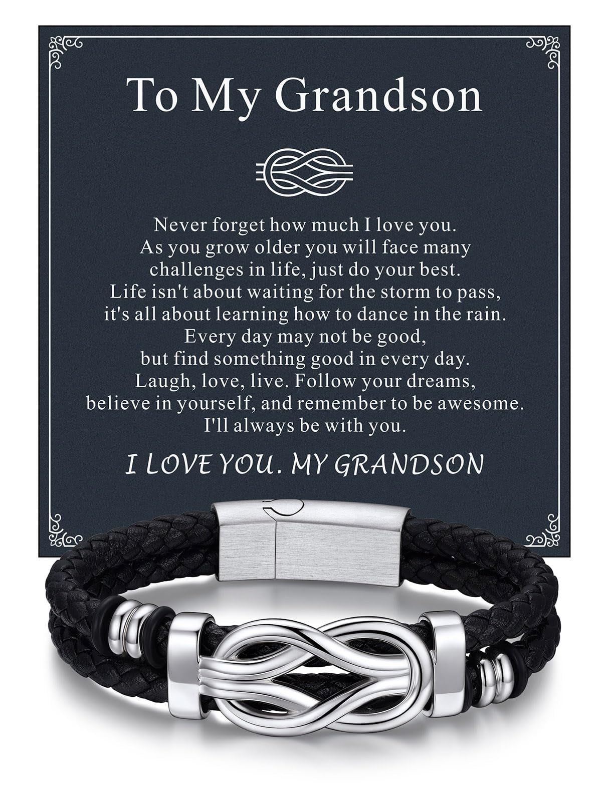Bandmax 9'' Black Leather Bracelet for Men Infinity Knot Leather Cuff ...