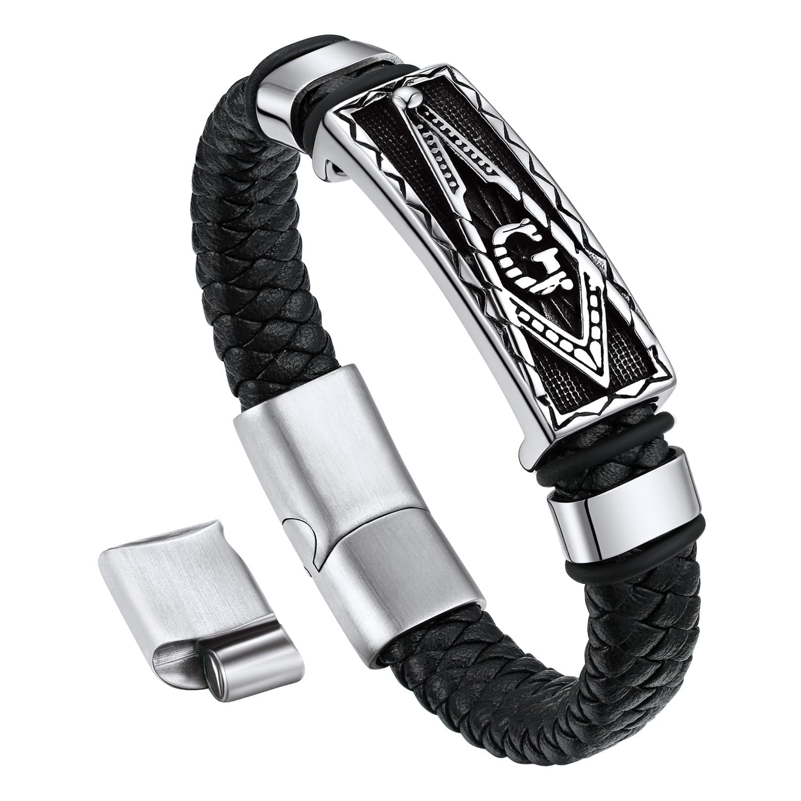 Bandmax Black Leather Braided Bracelets for Men Stainless Steel Masonic ...